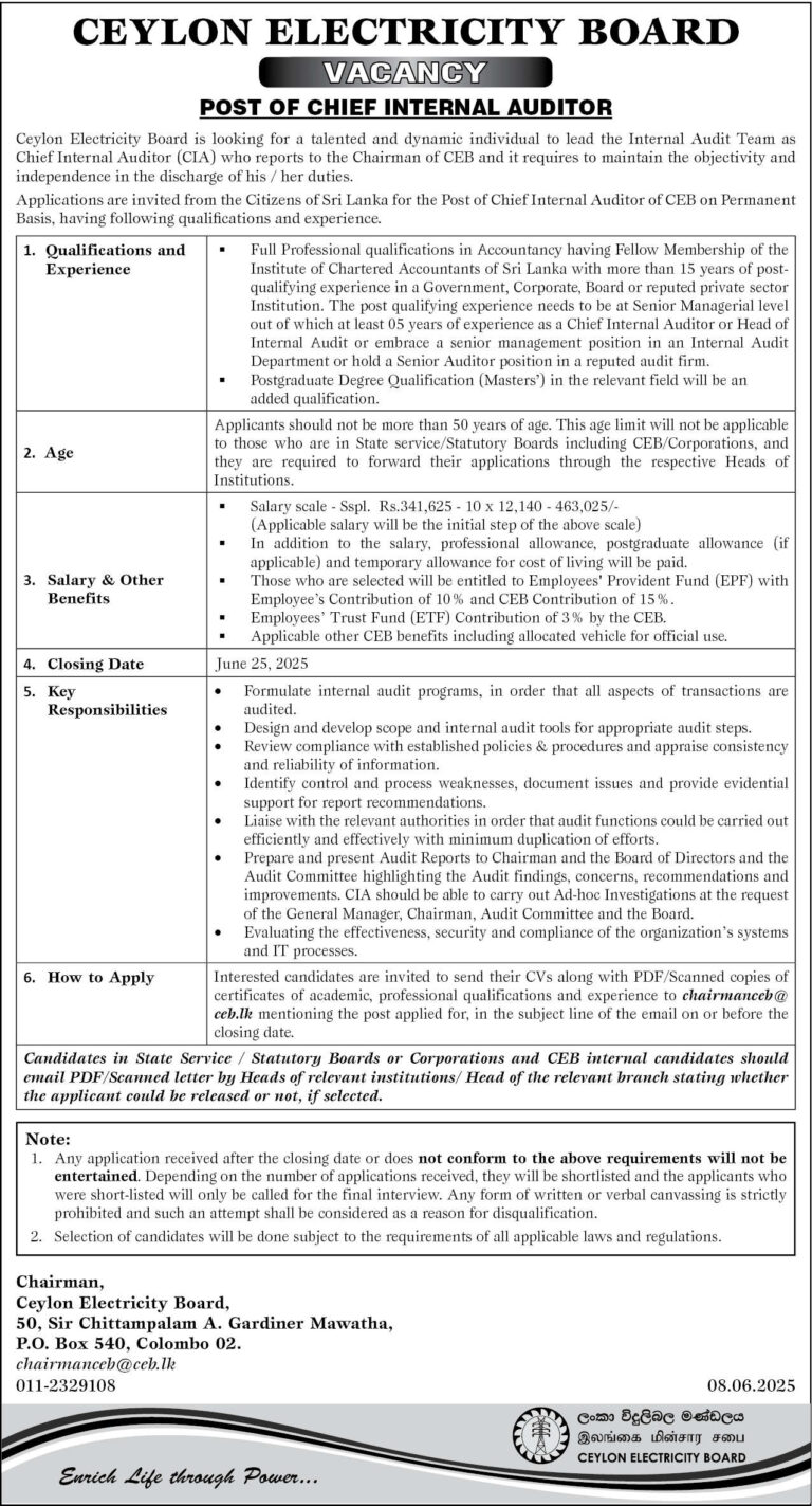 Internal Auditor – Ceylon Electricity Board Vacancies 2025 | Uplankajobs