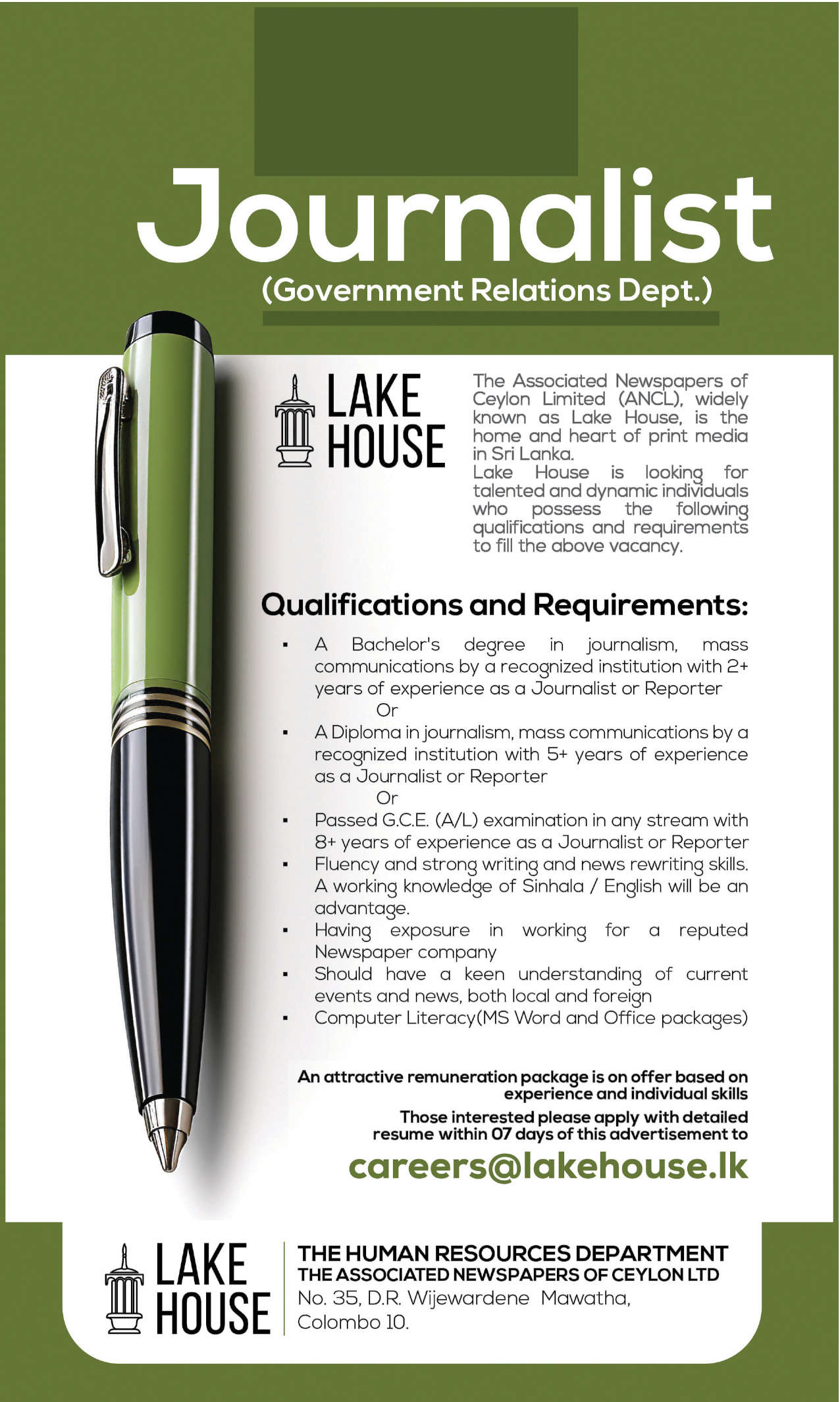 Journalist – Lake House Sri Lanka | Uplankajobs