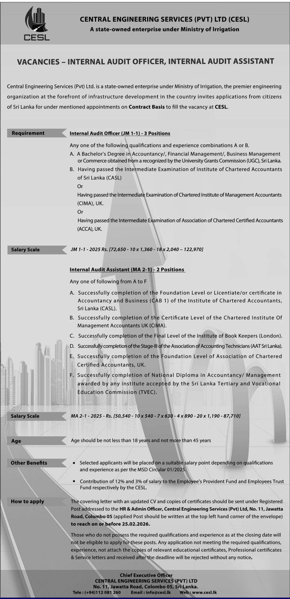 Central Engineering Services (Pvt) Ltd Vacancies 2026 | Uplankajobs